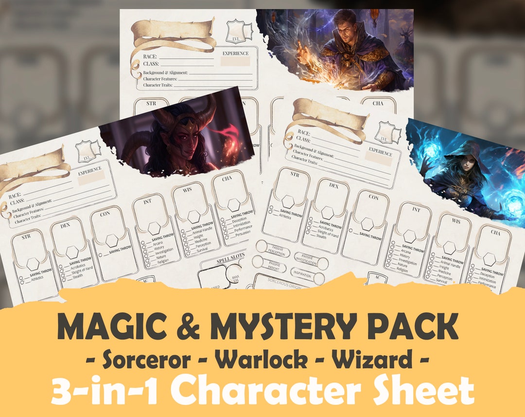 Dnd 5e Magic & Mystery Pack Character Sheet (sorceror, Warlock, Wizard ...