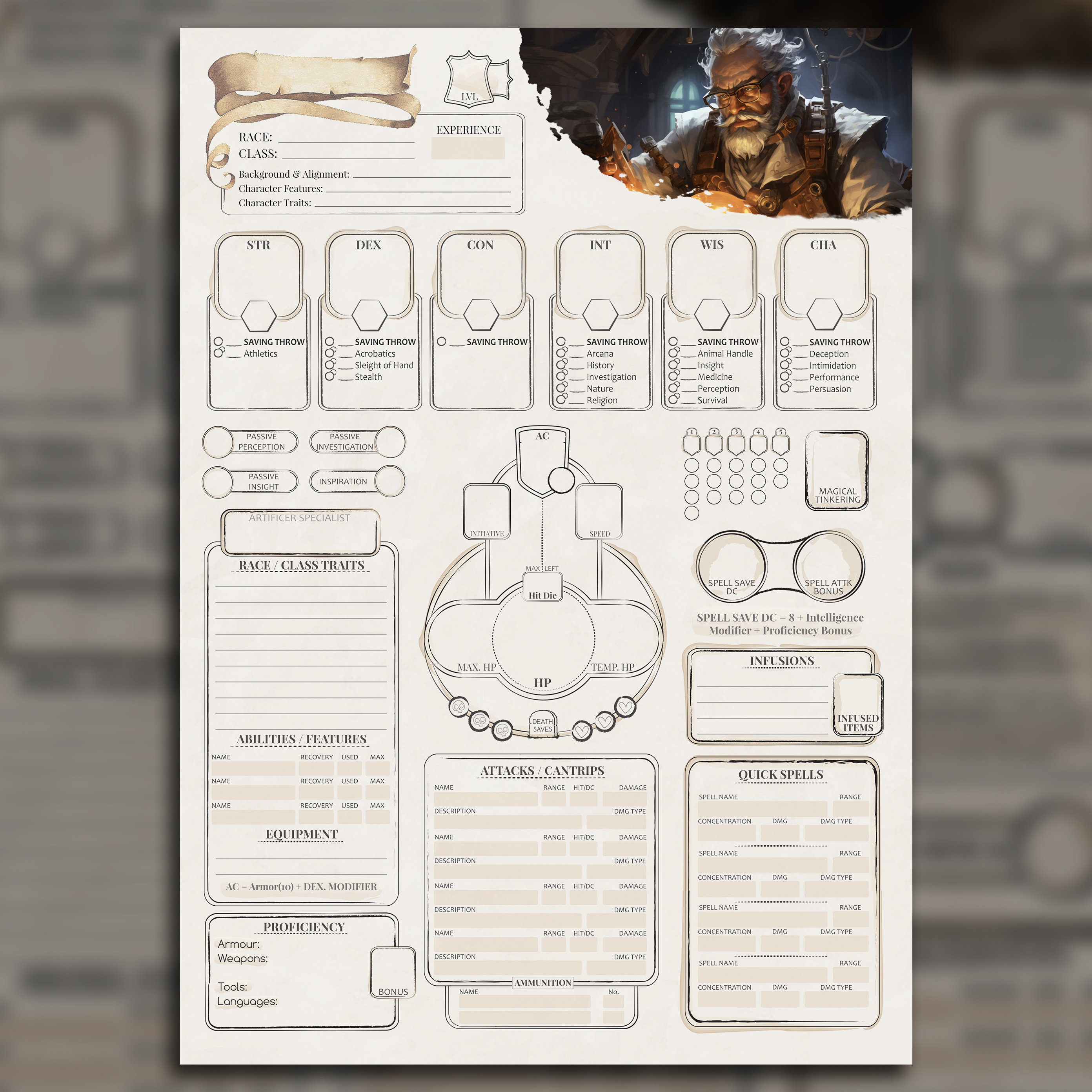 D&D 5e Artificer Character Sheet | High Quality Fillable PDF ...