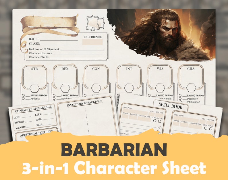 Hoja de personaje bárbaro de DnD 5e: PDF rellenable de alta calidad ...