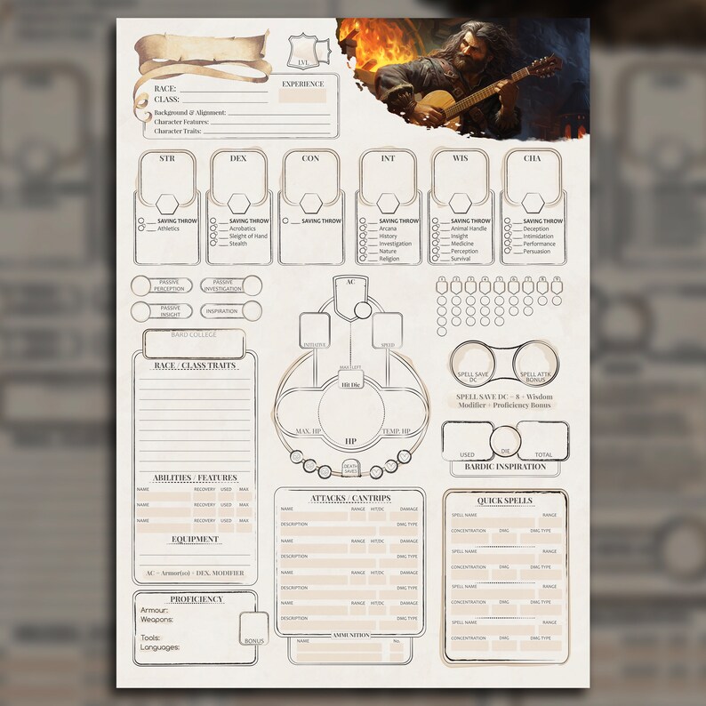 Dnd 5e Bard Character Sheet: High Quality Fillable PDF for 5th Edition ...