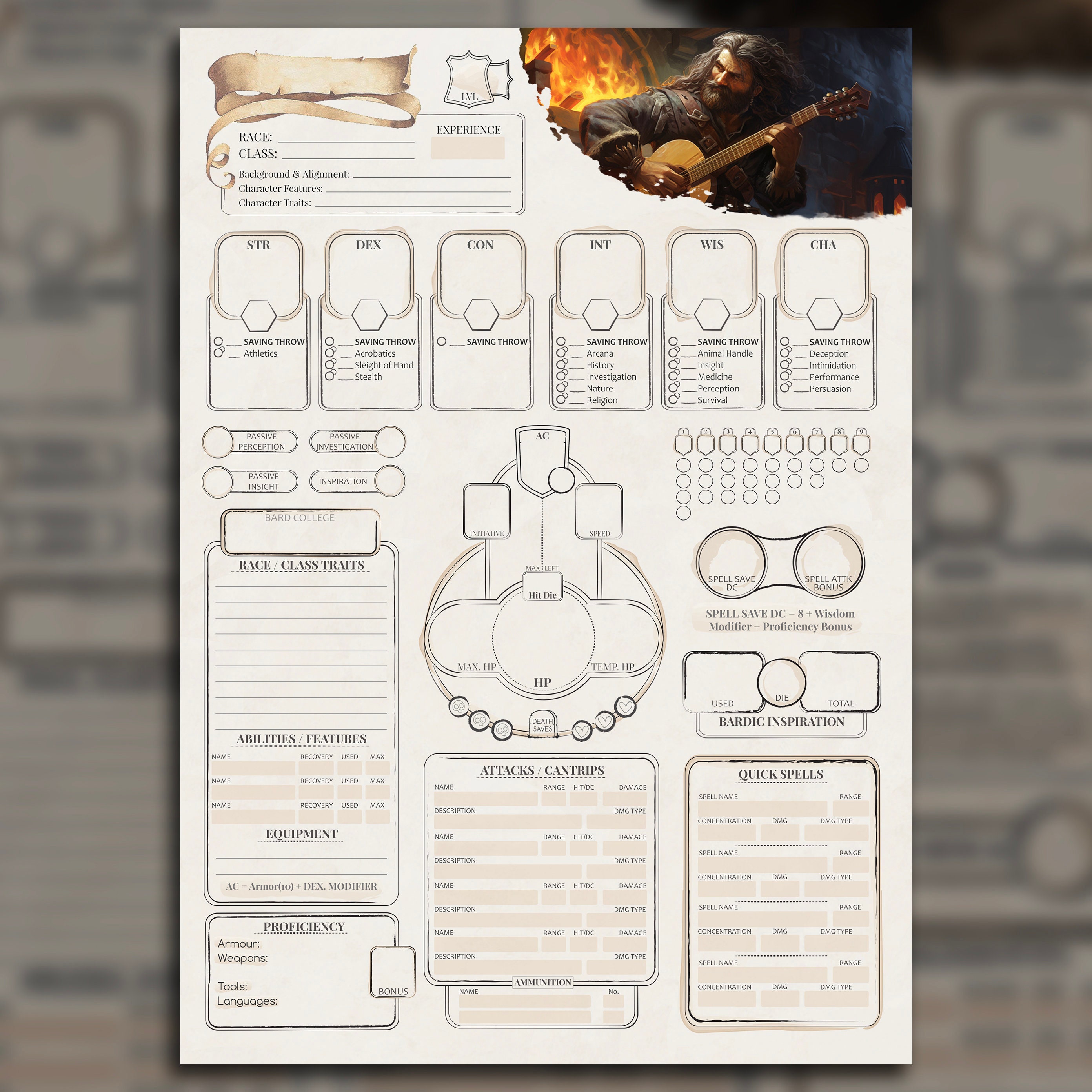 Dnd 5e Bard Character Sheet: High Quality Fillable PDF for 5th Edition ...