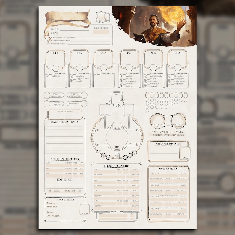 D&D 5e Cleric Character Sheet | High Quality Fillable PDF | Supplement ...