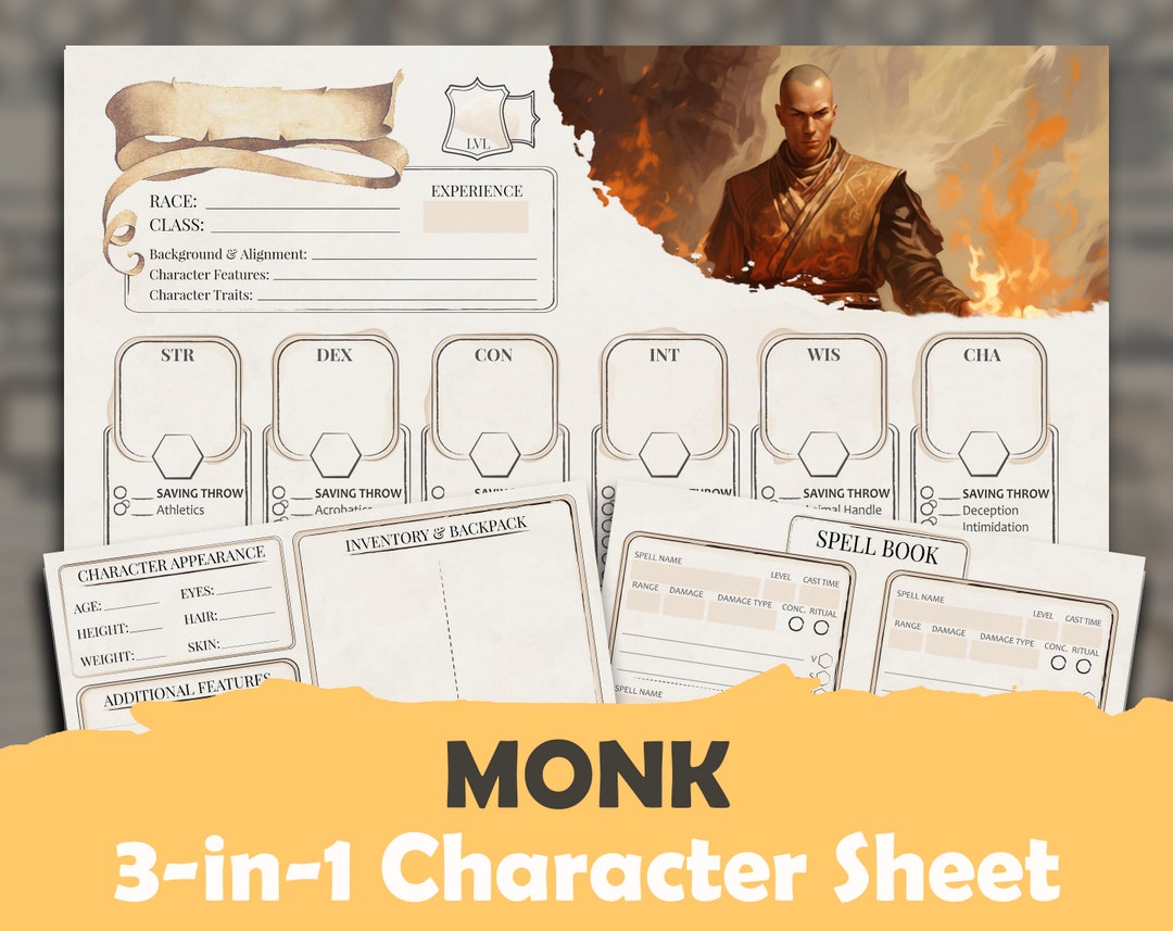 Dnd 5e Monk Character Sheet: High Quality Fillable PDF for 5th Edition ...