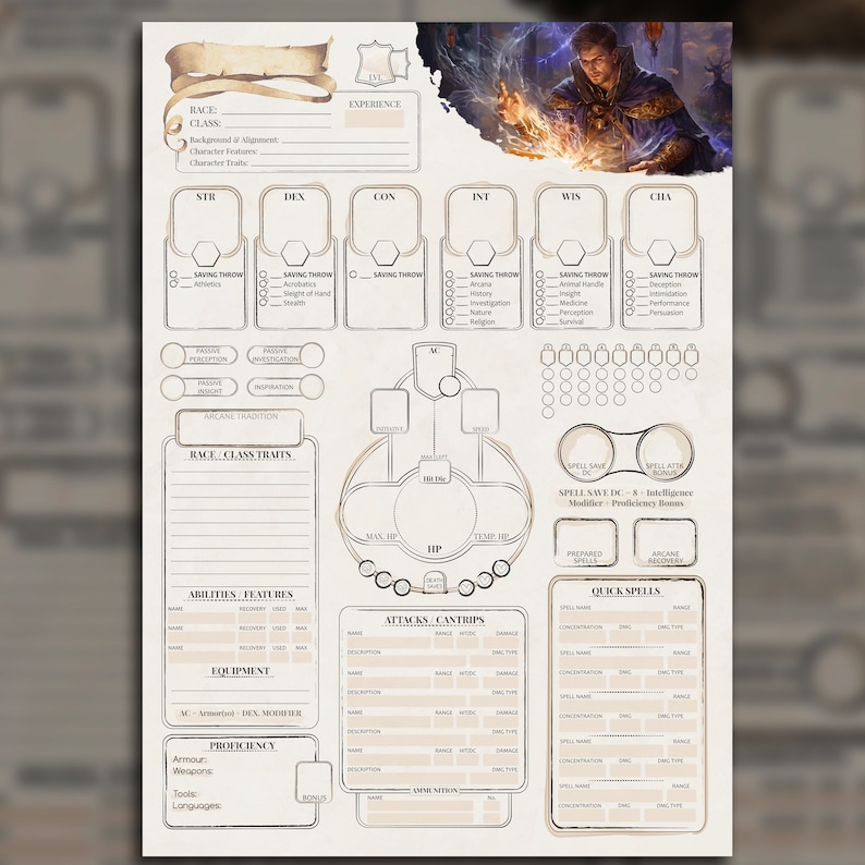 D&D 5e Wizard Character Sheet | High Quality Fillable PDF | Supplement ...