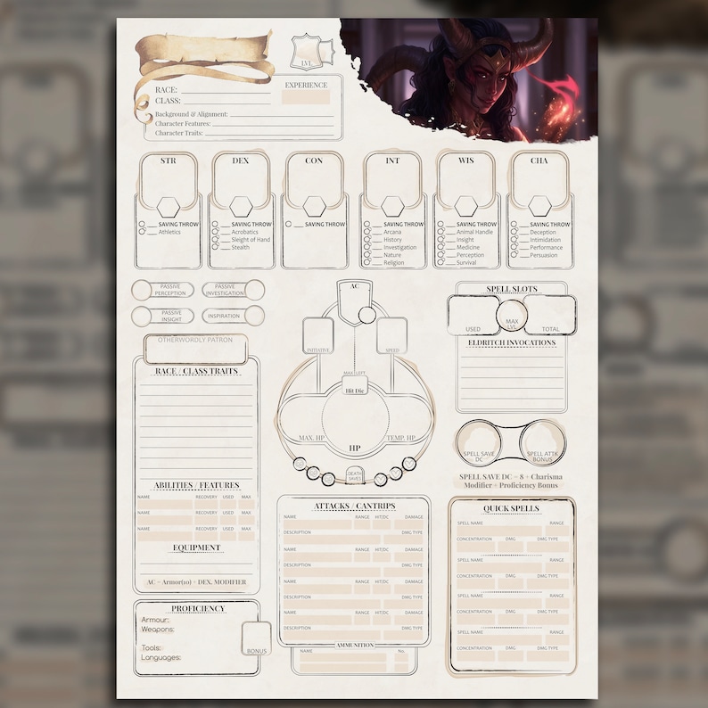 Dnd 5e Warlock Character Sheet: High Quality Fillable PDF for 5th Edition Dungeons and Dragons ...