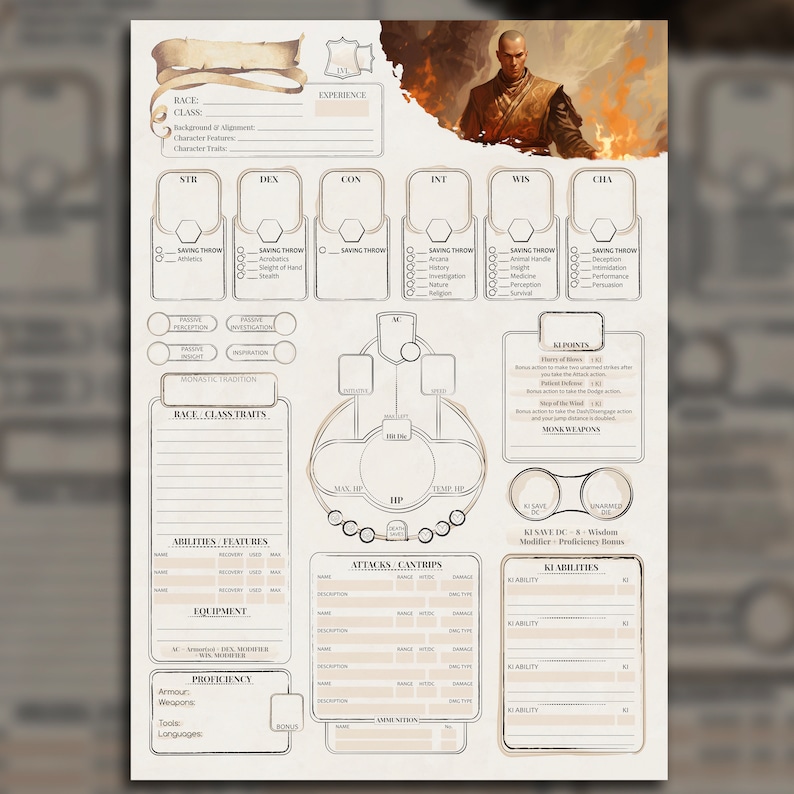 Dnd 5e Monk Character Sheet: High Quality Fillable PDF for 5th Edition ...