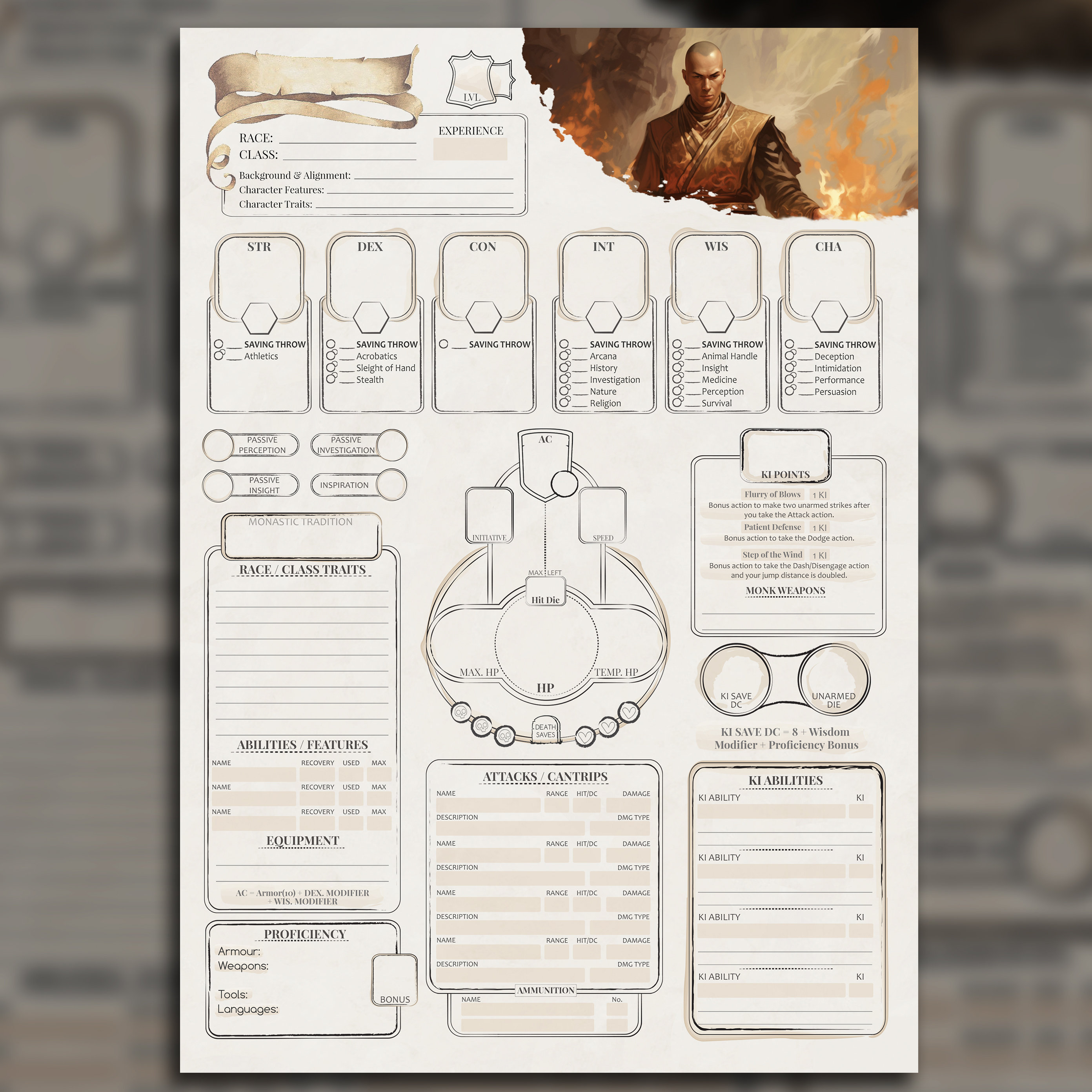 D&D 5e Monk Character Sheet | High Quality Fillable PDF | Supplement ...