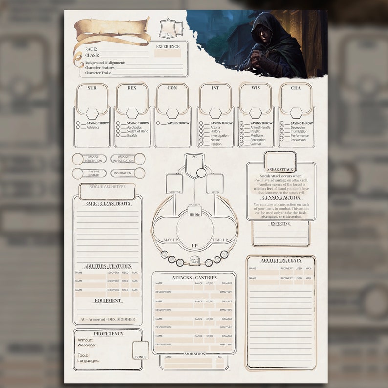 Dnd 5e Rogue Character Sheet: High Quality Fillable PDF for 5th Edition Dungeons and Dragons ...