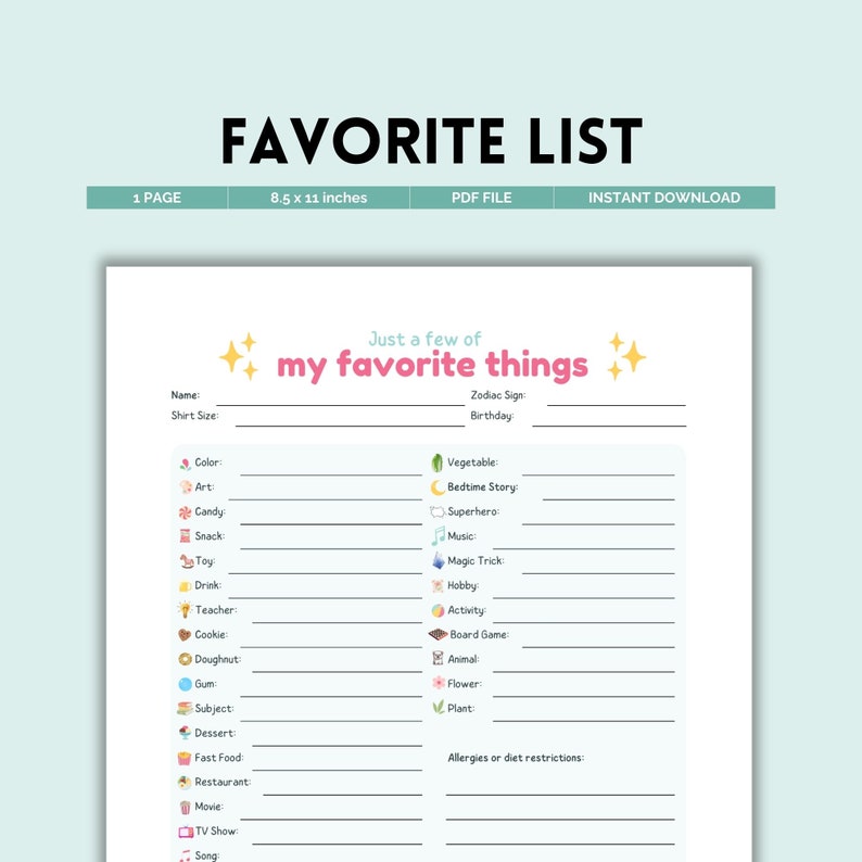 Favorite List, Favorite Things List, Wish List, Bucket List, Christmas ...