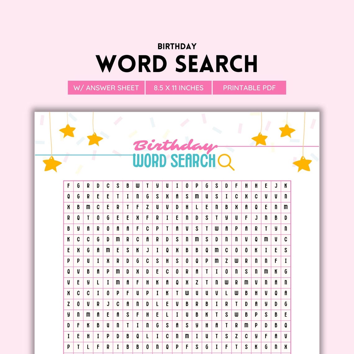 Word Search, Birthday Word Search, Birthday Game, Birthday Party ...