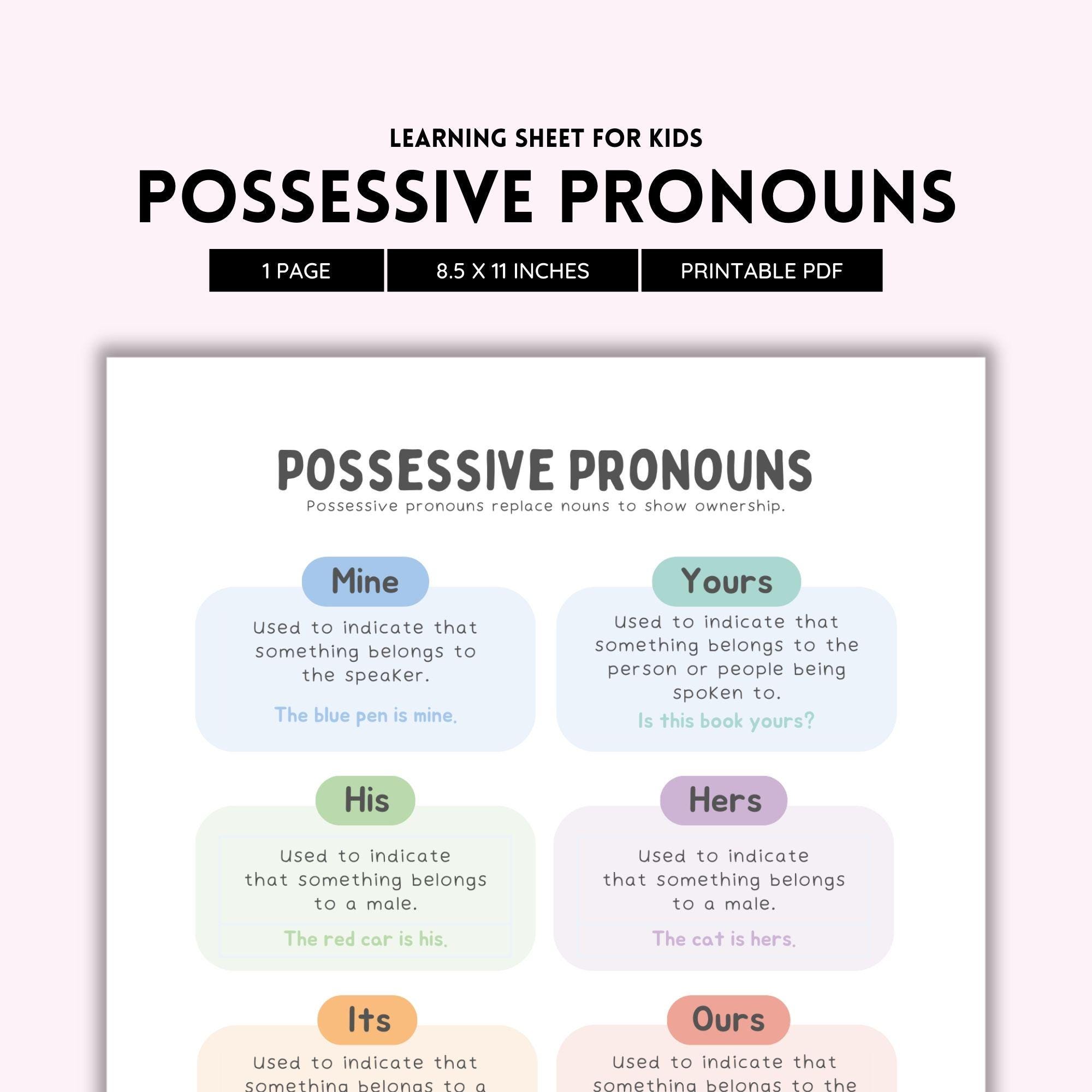 Possessive Pronouns Chart | Color PDF |english Grammar Reference ...