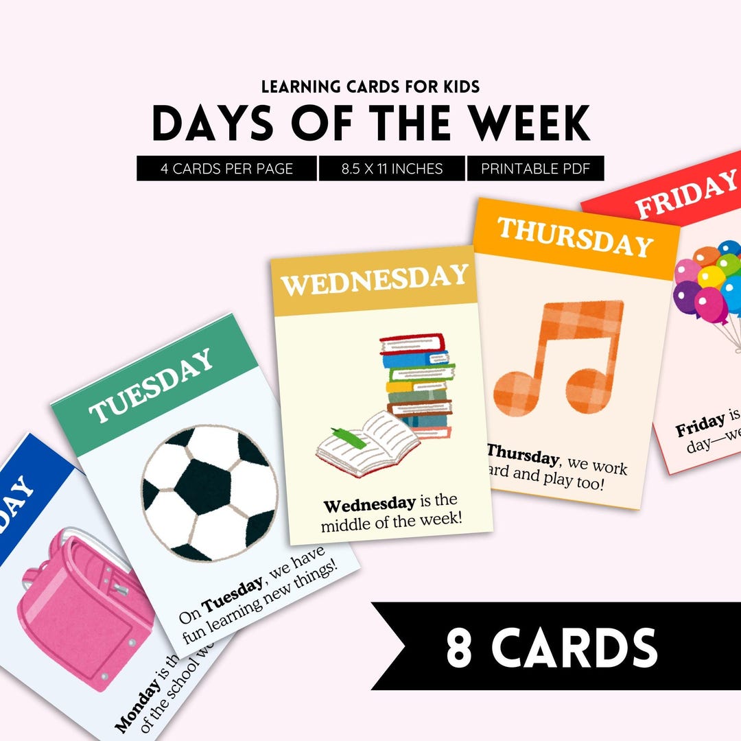 Days of the Week, Printable Flashcards, Days Flashcards for Kids, Back ...