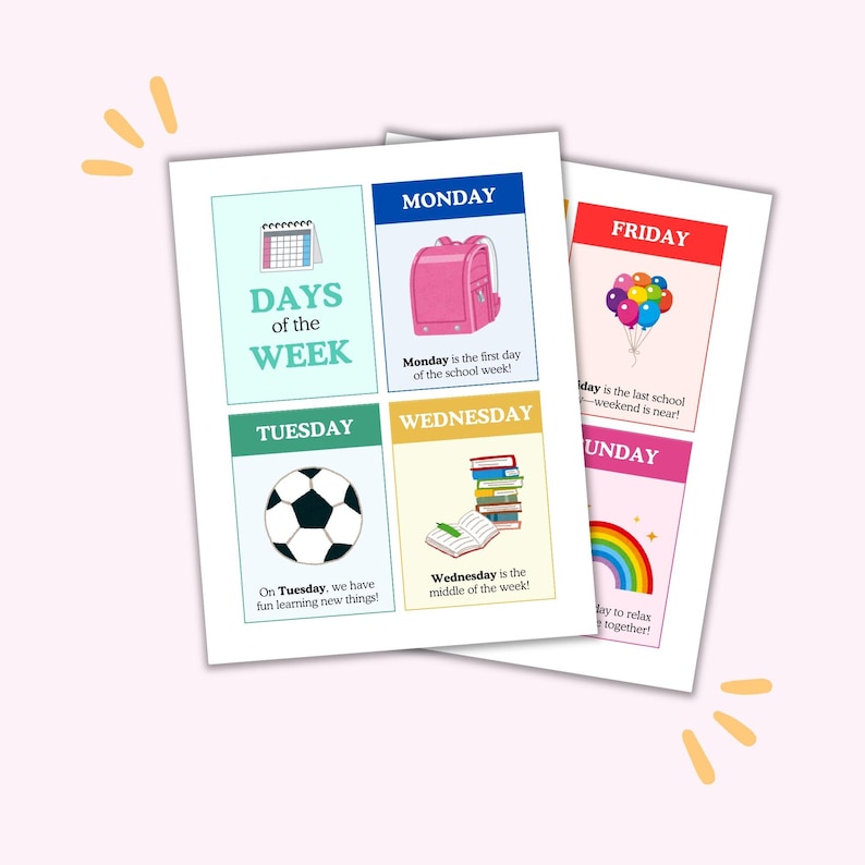 Days of the Week, Printable Flashcards, Days Flashcards for Kids, Back ...