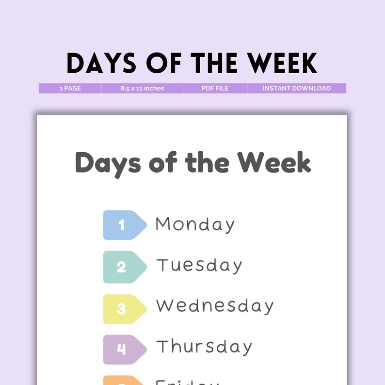 Days of the Week, Days of the Week Chart, Nursey Art, Educational Print ...