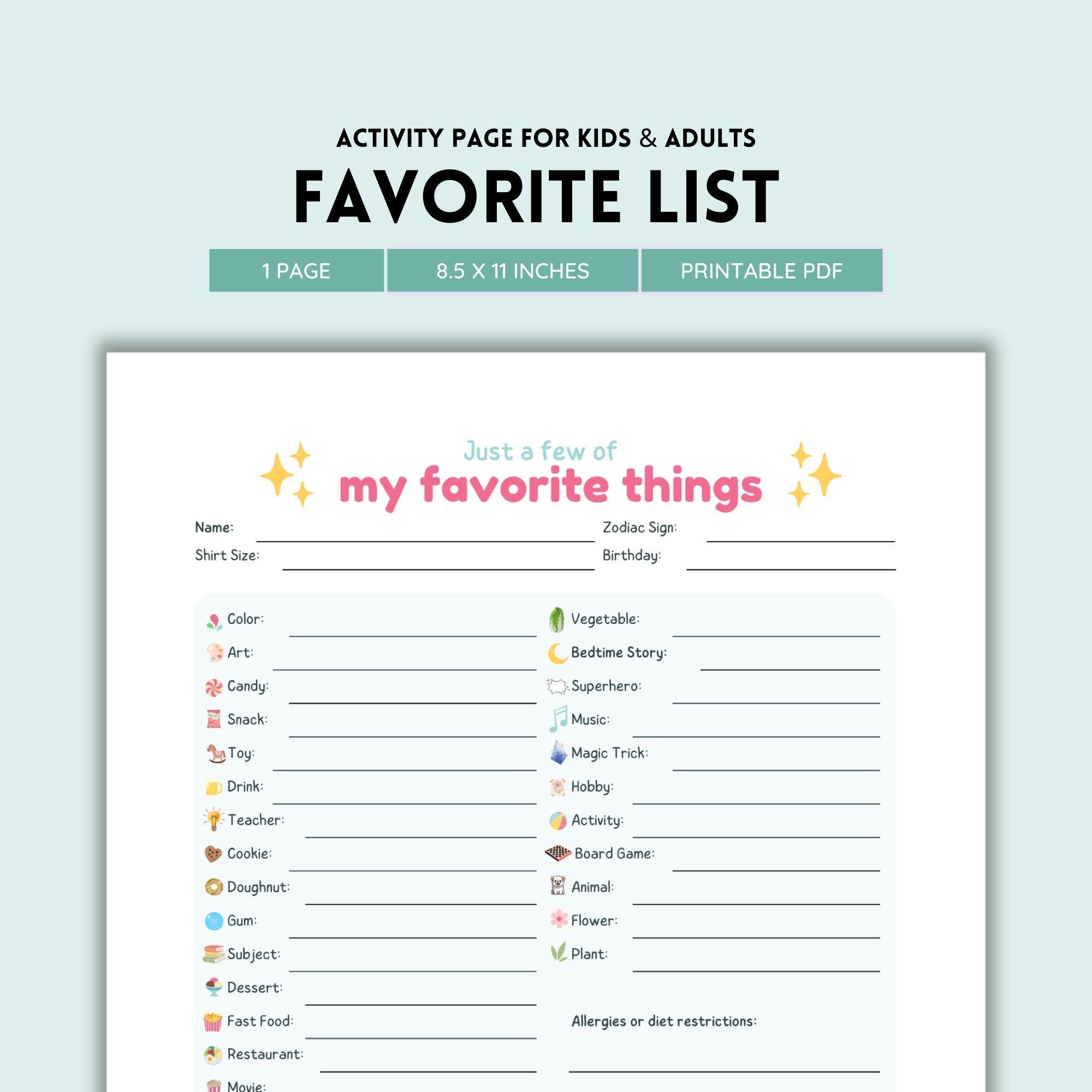 Favorite List, Favorite Things List, Wish List, Bucket List, Christmas ...