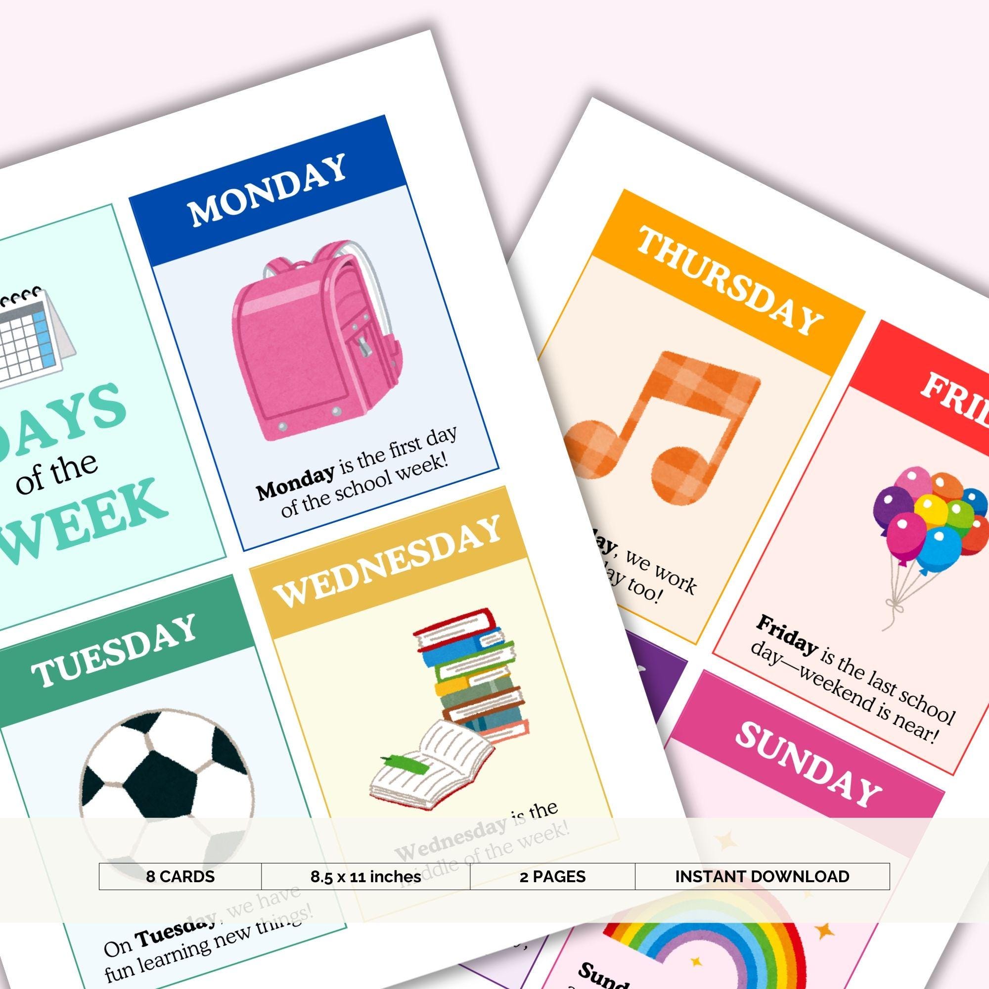 Days of the Week, Printable Flashcards, Days Flashcards for Kids, Back ...