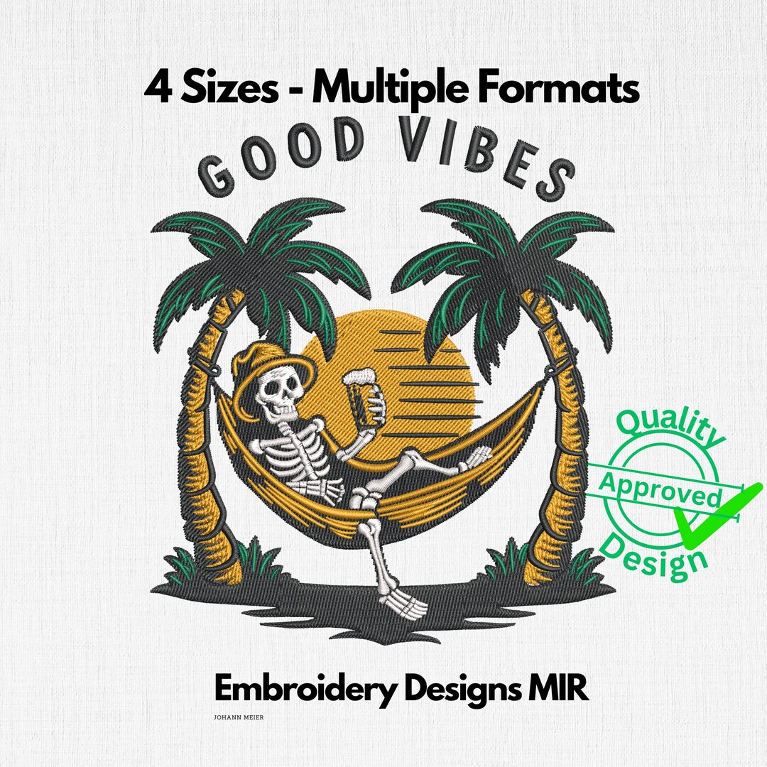 Halloween Skeleton in Hammock Embroidery Design - Spooky Good Vibes ...