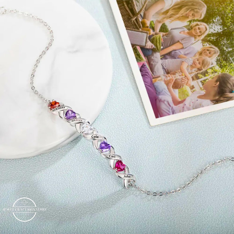 Custom Heart Birthstones Bracelet With Name, Family Birthstone Jewelry ...