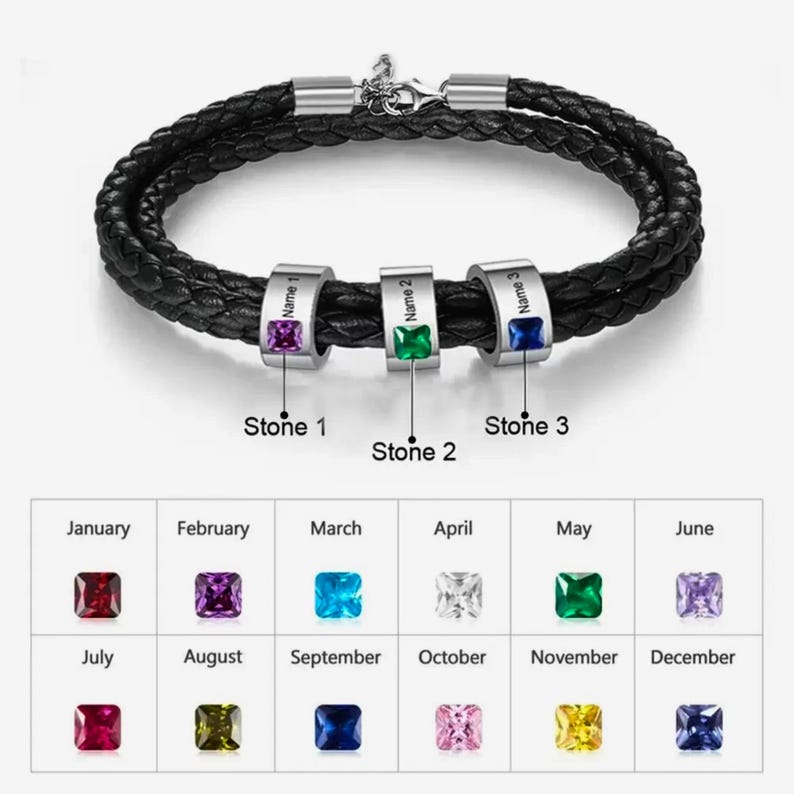 Custom Leather Name Bracelet With Birthstone – Personalized Men Braided ...