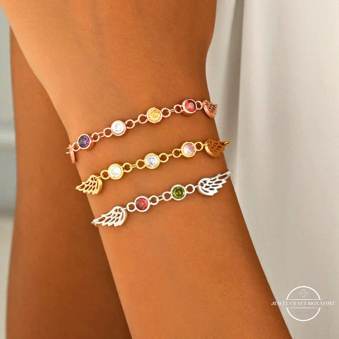 Custom Angel Wings Bracelet, Personalized Birthstone Guardian Angel ...
