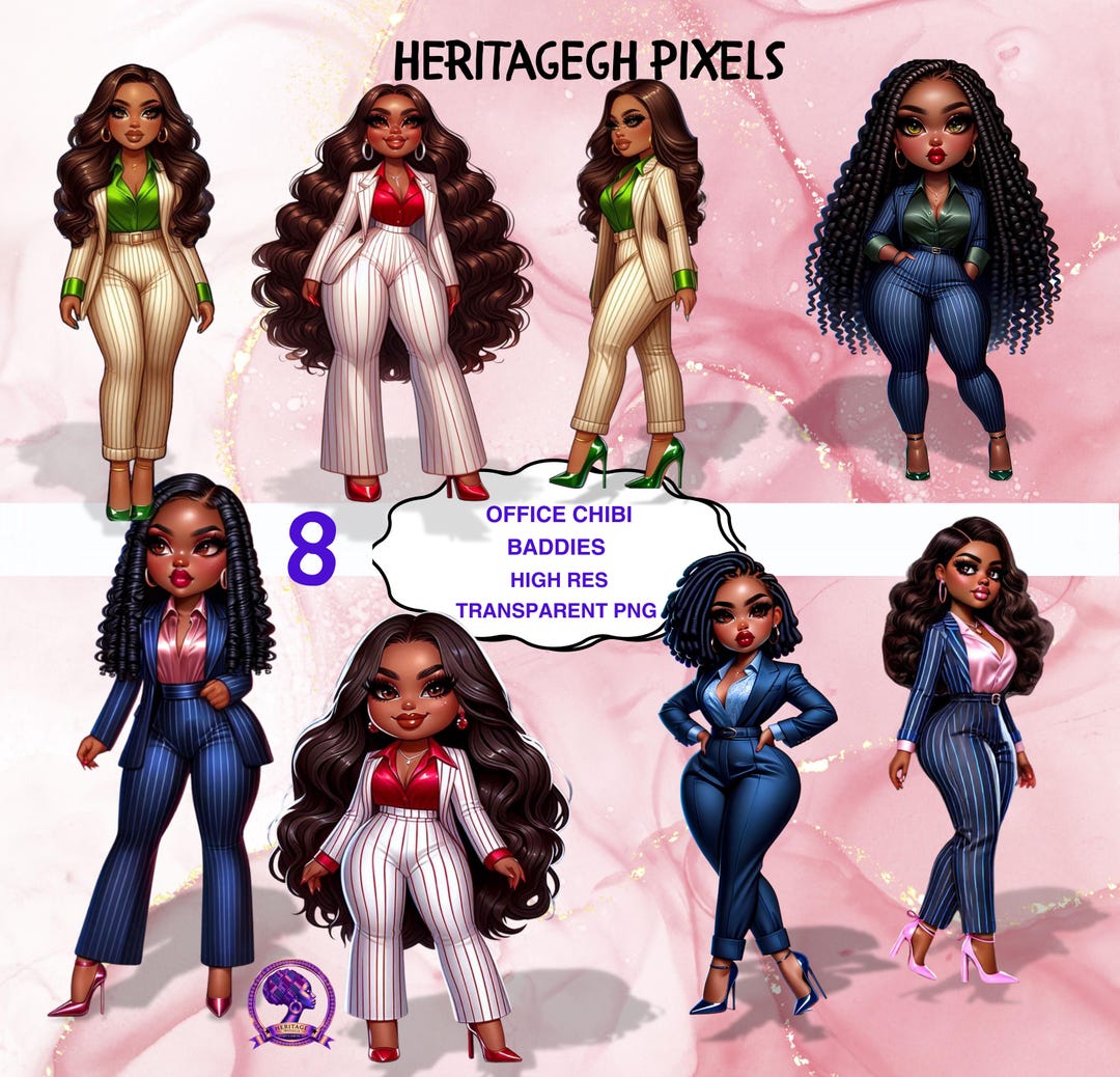 Chibi Office Baddies PNG 8 Cute, Edgy, Black Chibis for Digital Art, Stickers, Merch, Instant ...