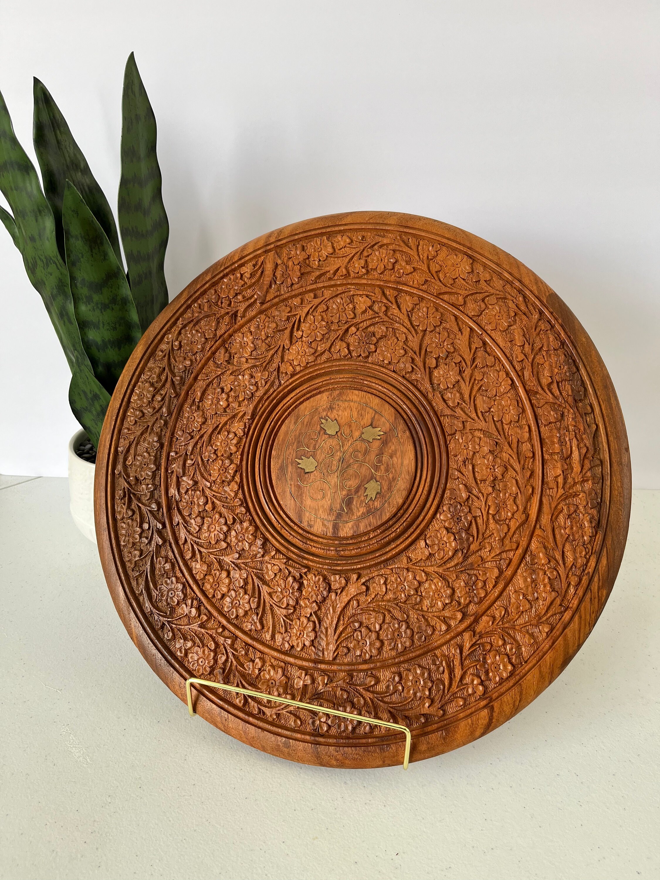 Vintage Hand Carved Wood Ritual Plate Tray With Brass Inlay Made in ...