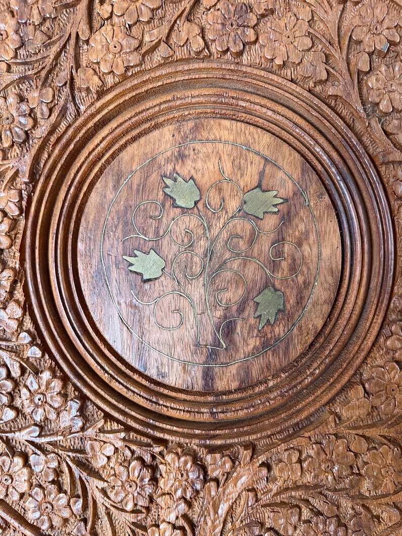 Vintage Hand Carved Wood Ritual Plate Tray With Brass Inlay Made in ...