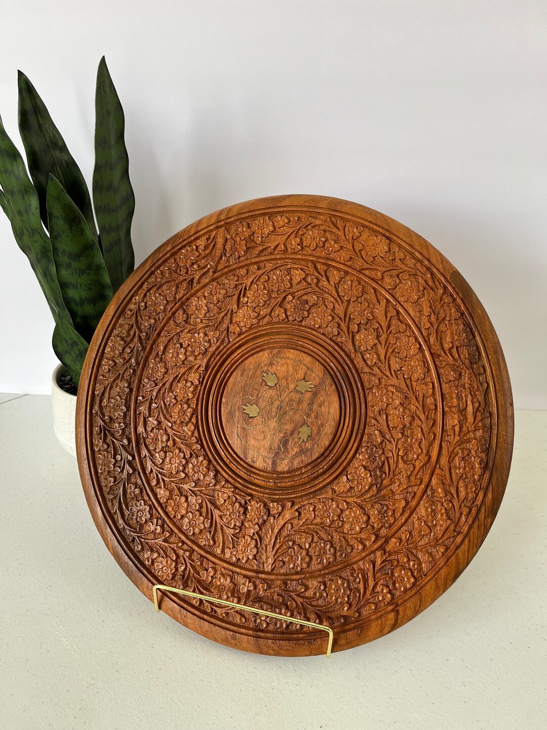 Vintage Hand Carved Wood Ritual Plate Tray With Brass Inlay Made in ...