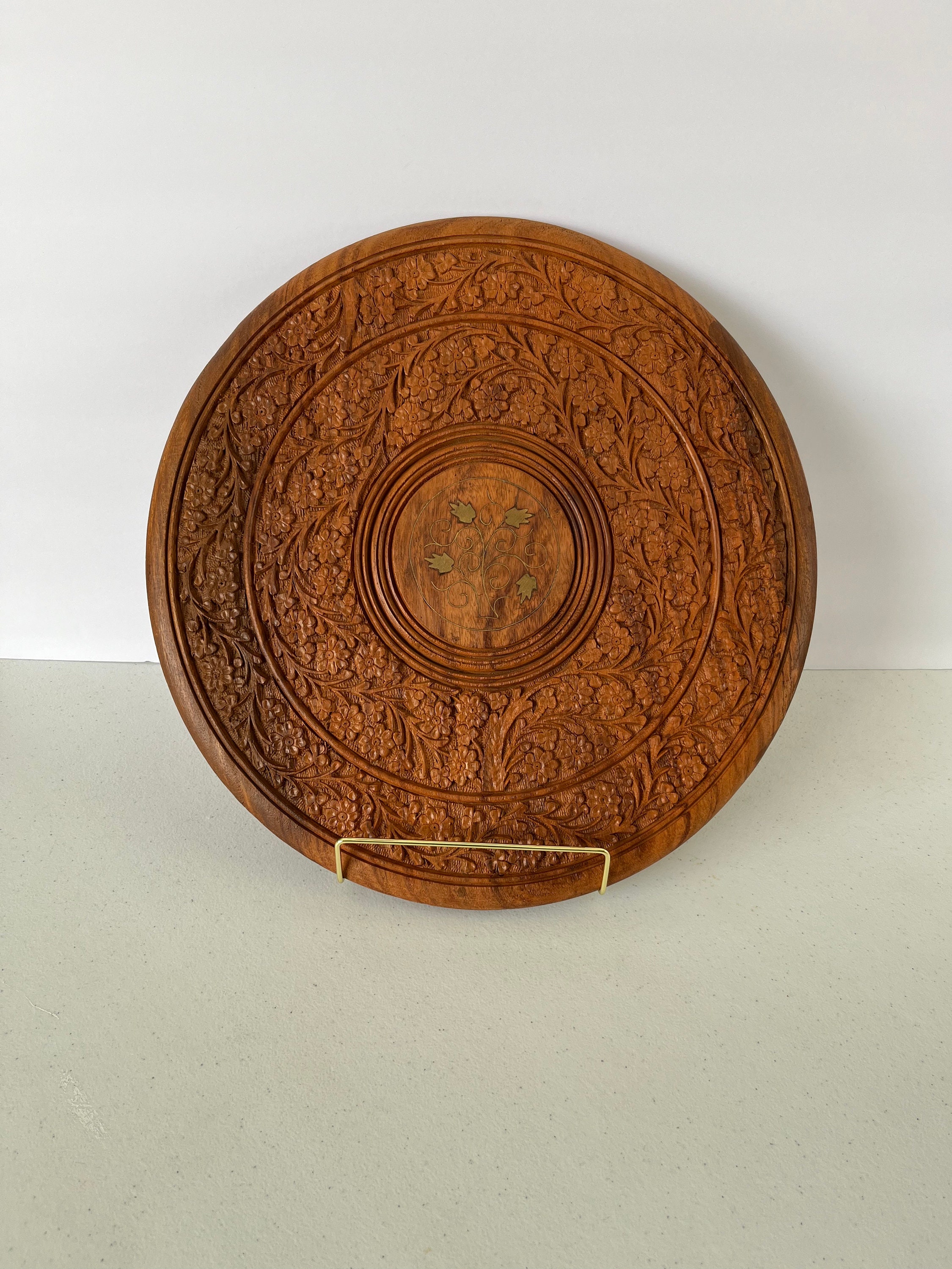 Vintage Hand Carved Wood Ritual Plate Tray With Brass Inlay Made in ...