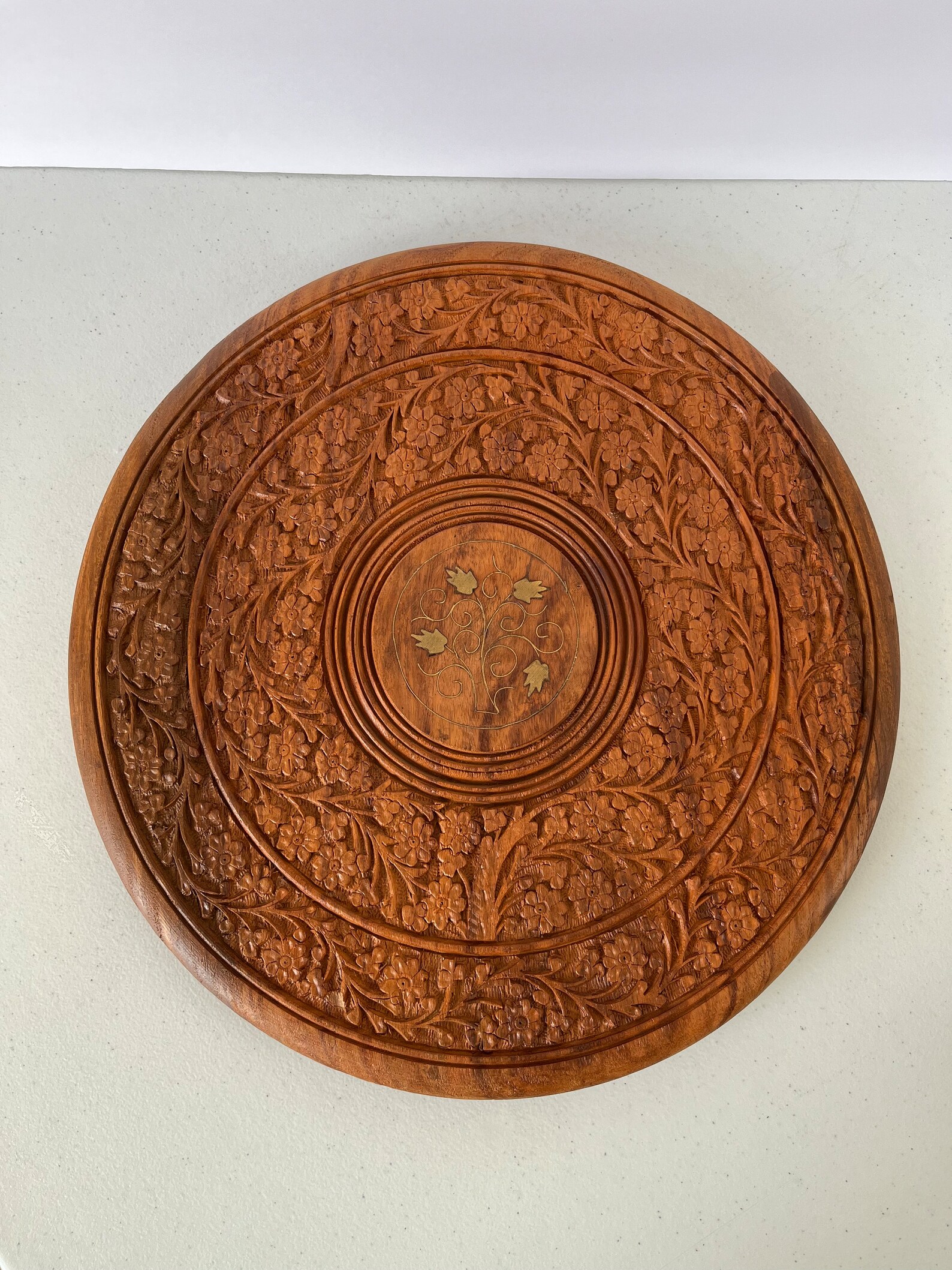 Vintage Hand Carved Wood Ritual Plate Tray With Brass Inlay Made in ...