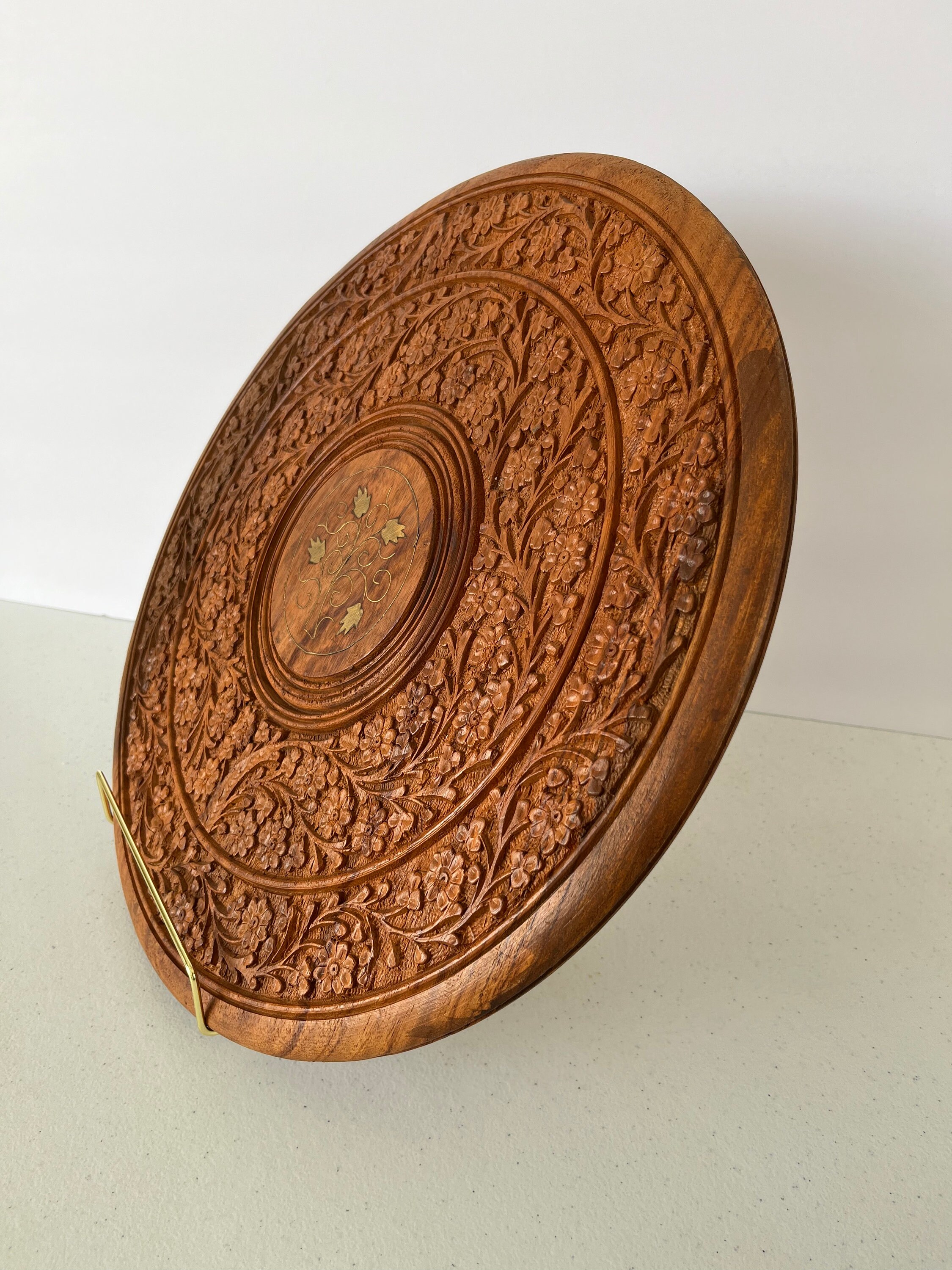 Vintage Hand Carved Wood Ritual Plate Tray With Brass Inlay Made in ...