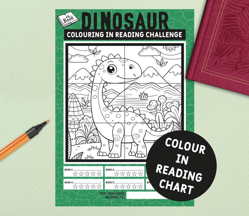 Dinosaurs Reading Chart Reading Tracker: Kids Colouring Activity Sheet ...
