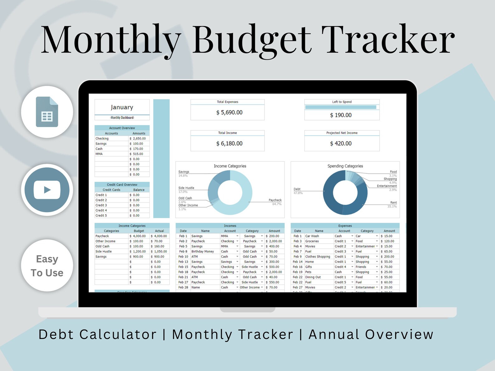 Google Sheets Monthly Budget Tracker and Debt Calculator Spreadsheet - Etsy