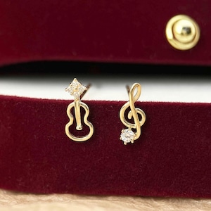 14K Solid Gold Music Note Violin Stud Earrings, Yellow Gold Dainty ...