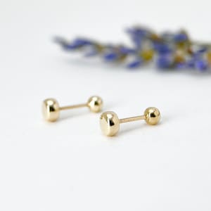 14K Solid Gold Small Flat Ball Stud Earrings, 4mm 5mm Light Weight Dainty Screw Backs Ball Stud ...