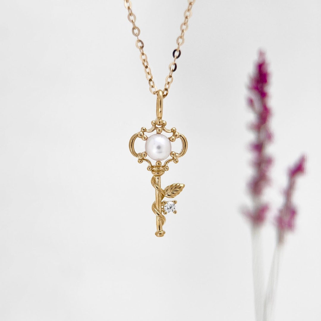 9K Real Solid Gold Natural Pearl Delicate Key Pendant, 14K Solid Gold ...