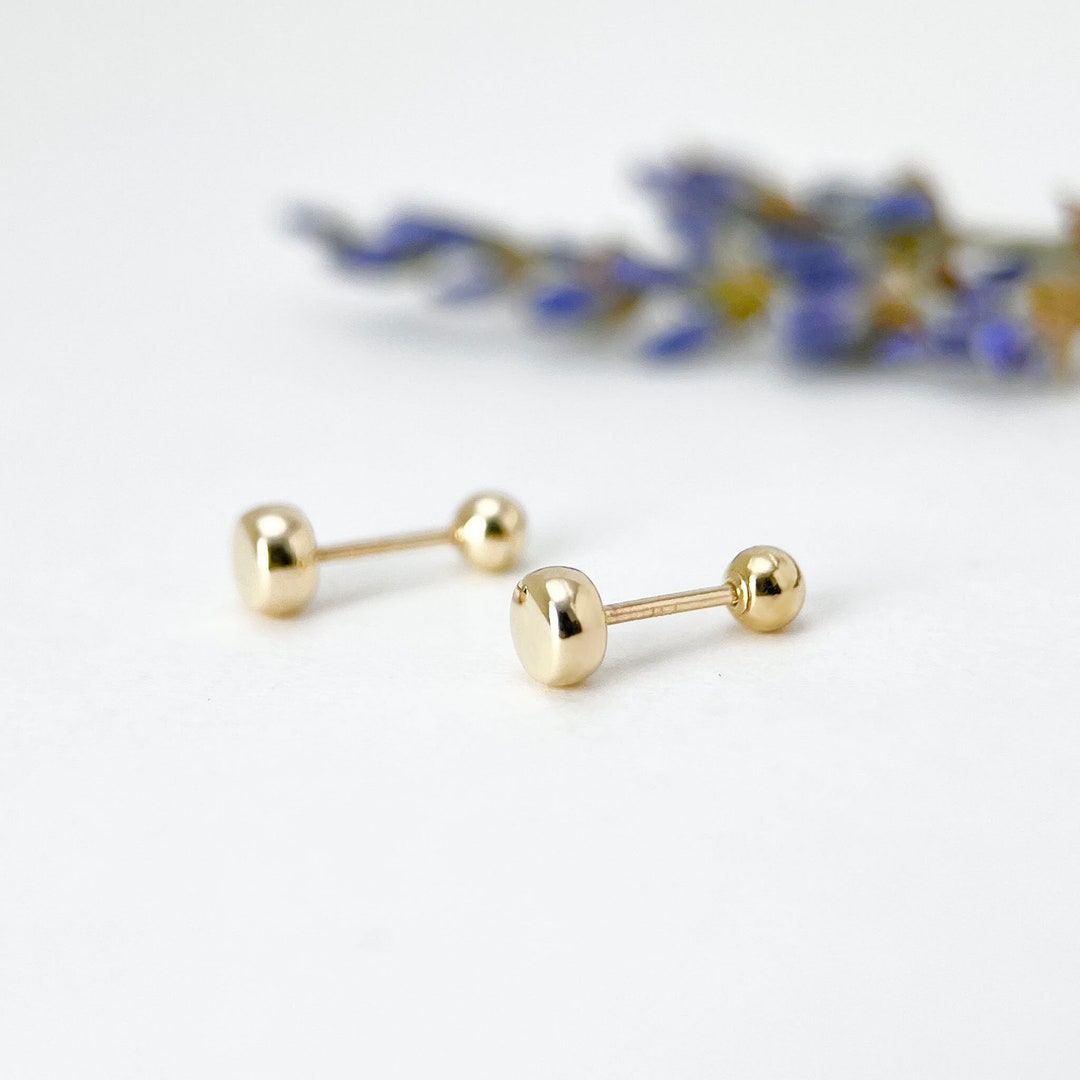 14K Solid Gold Small Flat Ball Stud Earrings, 4mm 5mm Light Weight Dainty Screw Backs Ball Stud ...