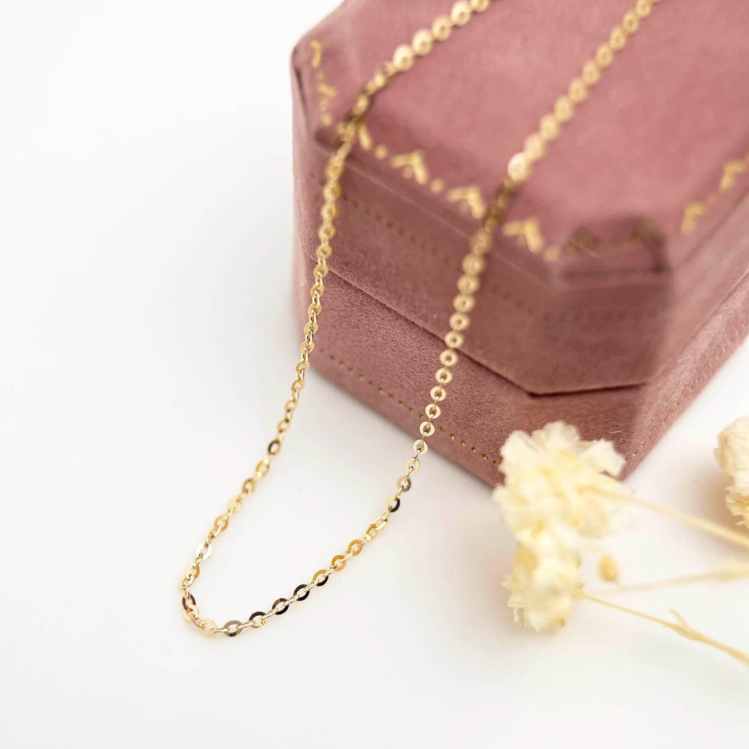 14K Solid Gold Simple Dainty Cable Chain Necklace, 14K Yellow Gold 1 ...