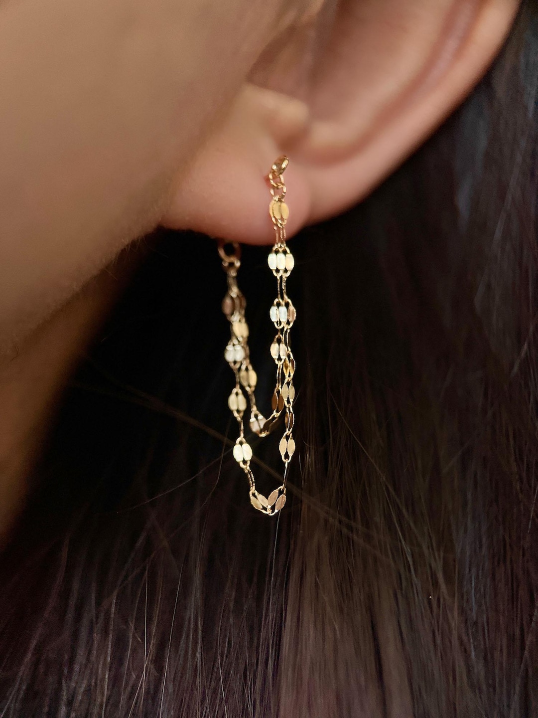14K Solid Gold Dangle Drop Chains Hoop Earring, 14K Genuine Yellow Gold ...