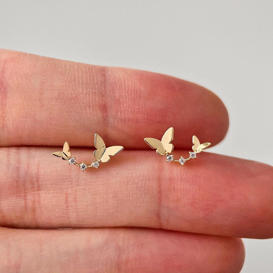 14K Solid Gold Dainty Butterfly Earrings, Yellow Gold Delicate Double Butterflies Stud Earrings ...