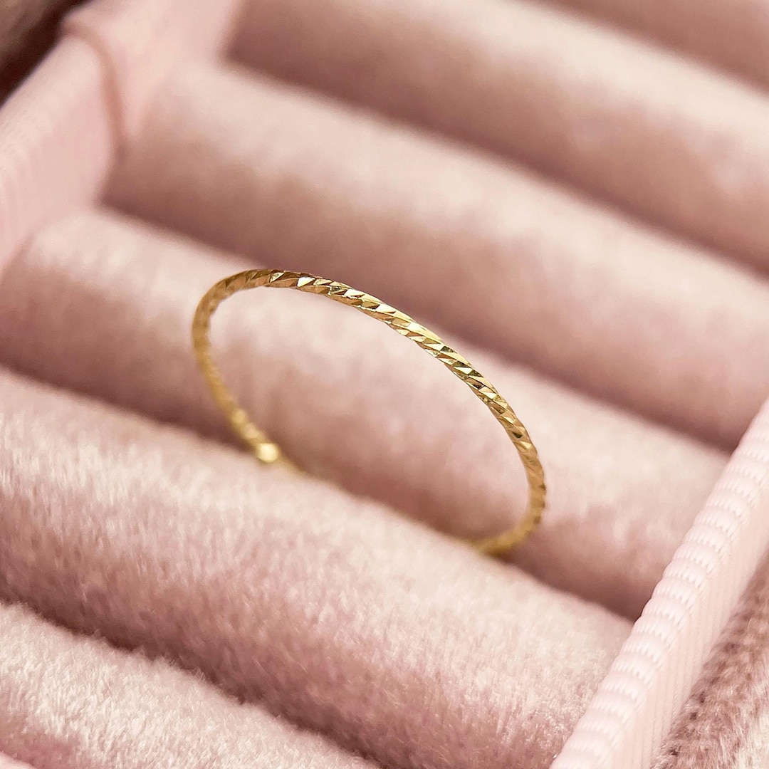 14k Solid Gold Thin Band Dainty Ring, Yellow Gold Diamond-cut Sparkle Ring, 14kt Dainty ...