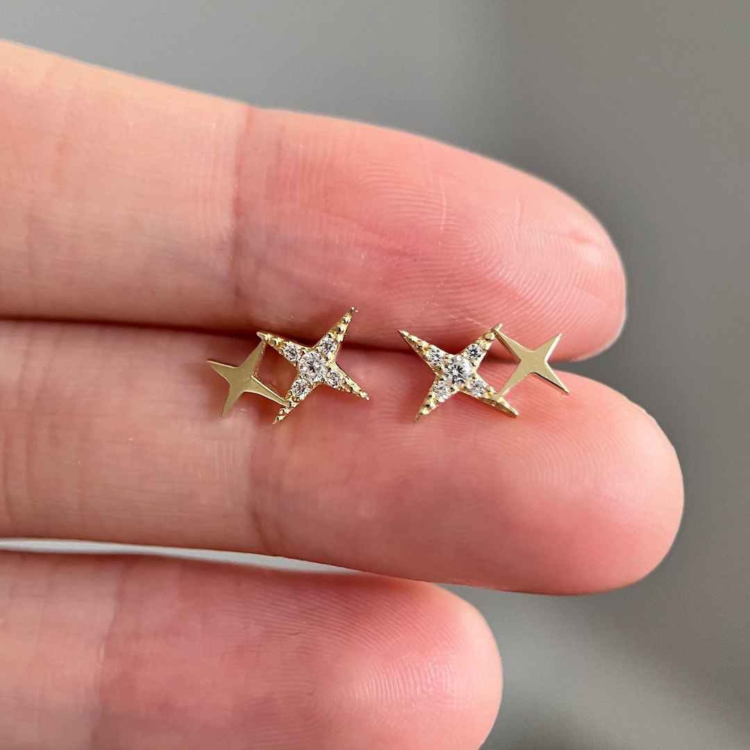 9K Solid Gold Star Stud Earrings, CZ Diamond Celestial Piercing - Etsy