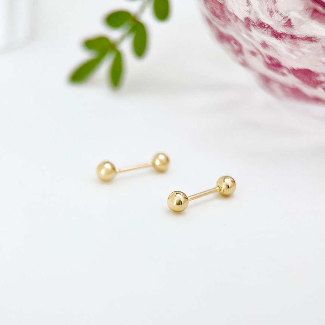14K Solid Gold Dainty Small Ball Stud Earrings, Real Solid Gold Screw ...