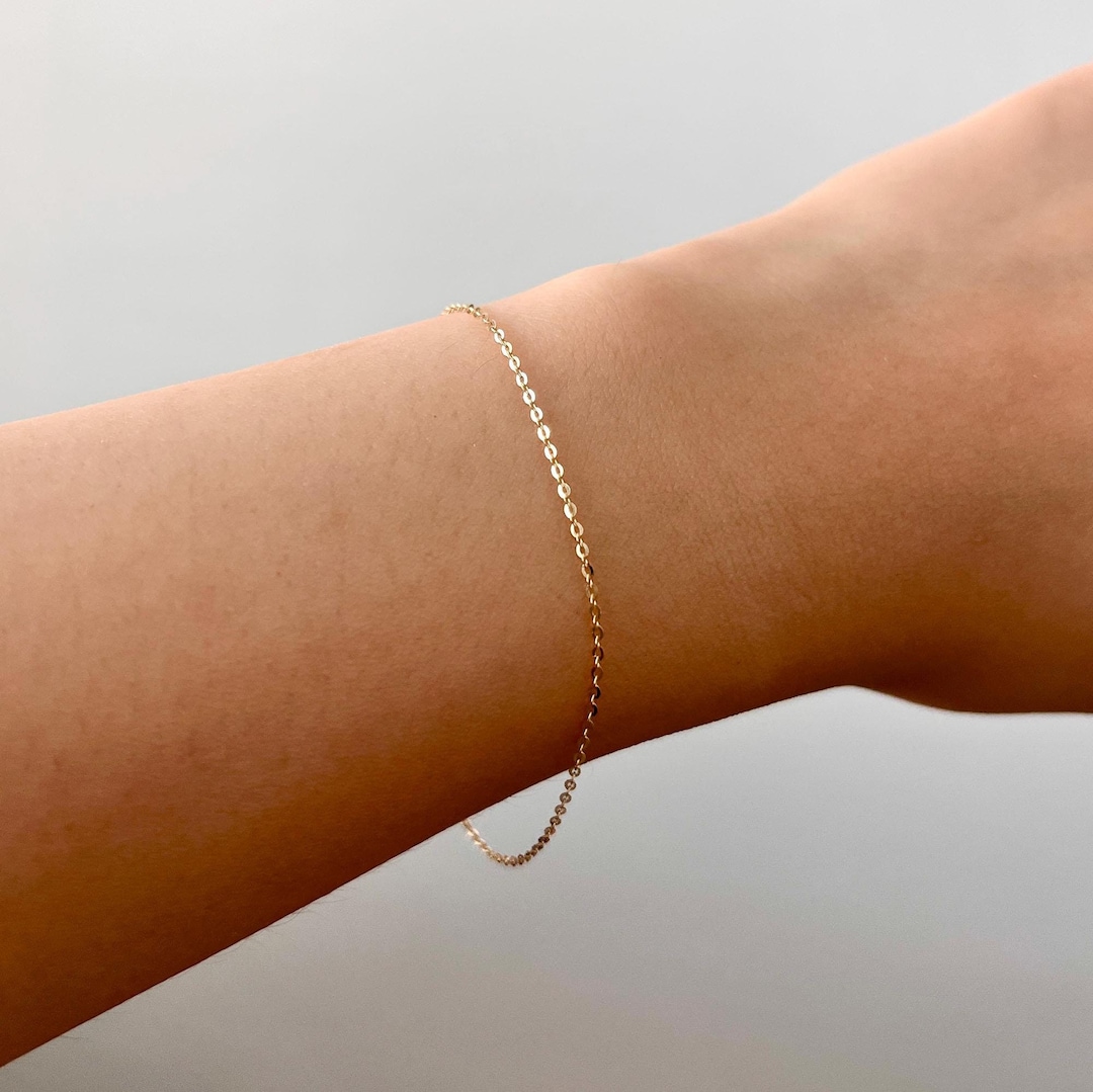14K Solid Gold Dainty Simple Cable Chain Bracelet, Minimalist Real ...