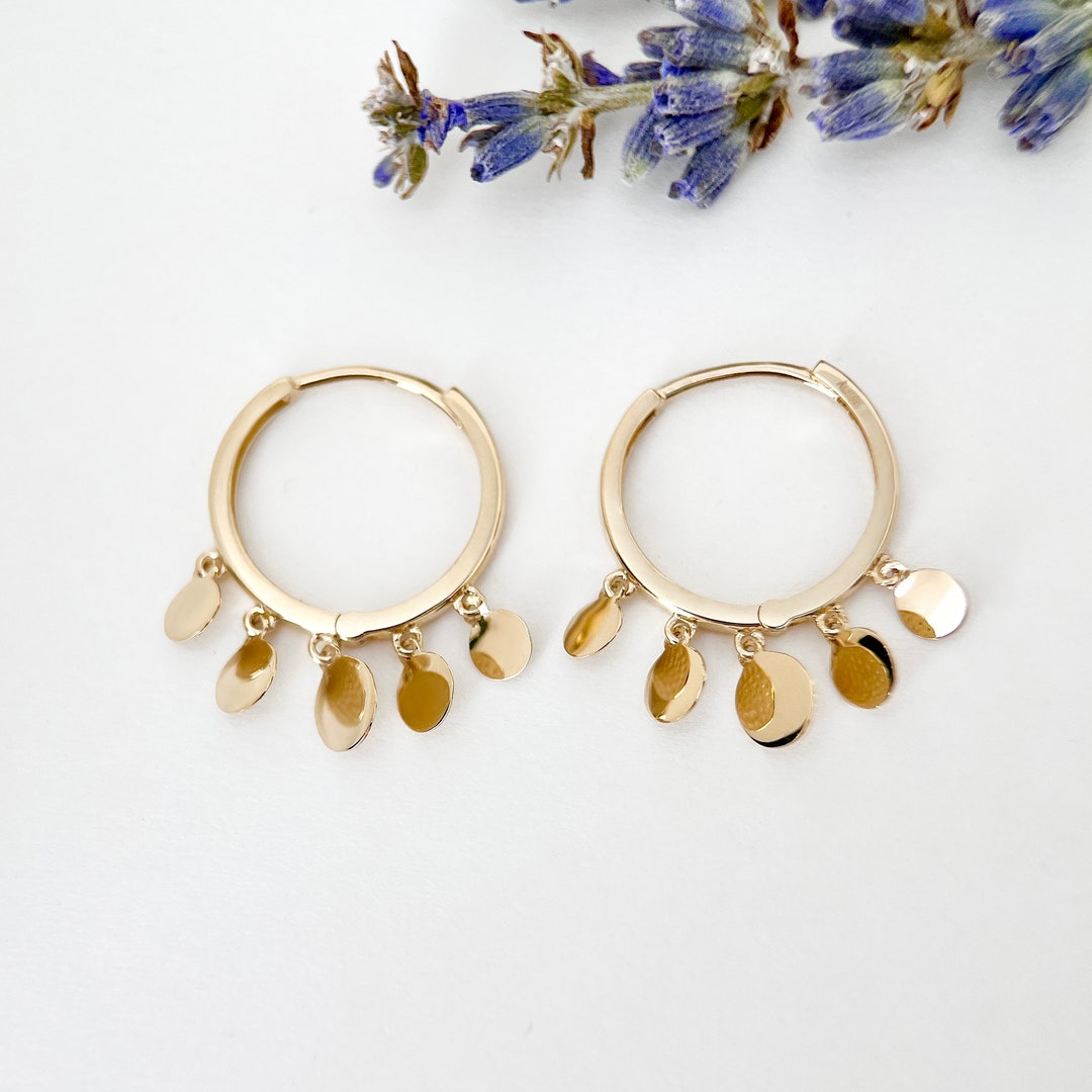 14K Solid Gold Small Round Disc Charms Hoop Earrings, 14K Real Gold ...