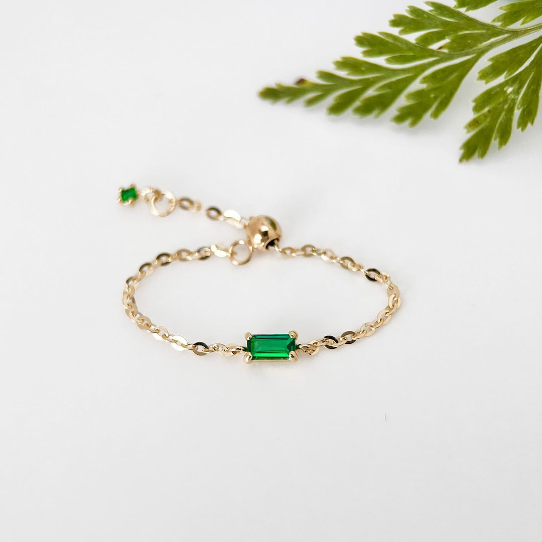 14K Solid Gold Dainty Link Chain Baguette Emerald Stackable Ring, Green ...