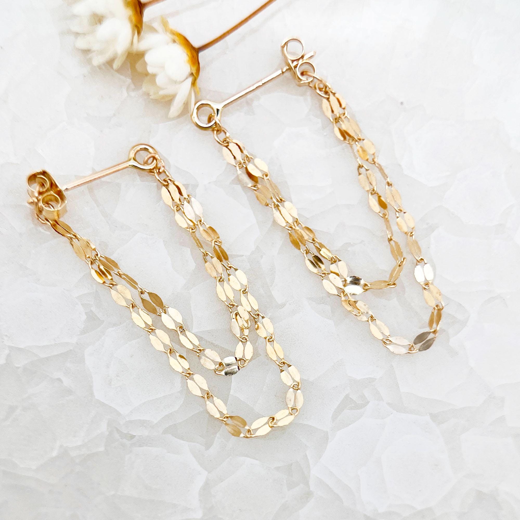 14K Solid Gold Dangle Drop Chains Hoop Earring, 14K Genuine Yellow Gold ...