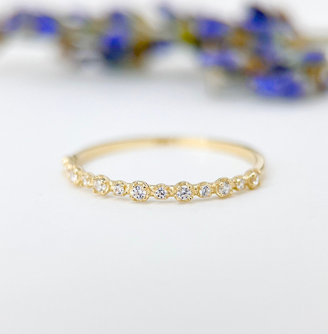 Solid Gold Dainty Stacking Dainty Ring, 9K Real Solid Gold Pave CZ ...
