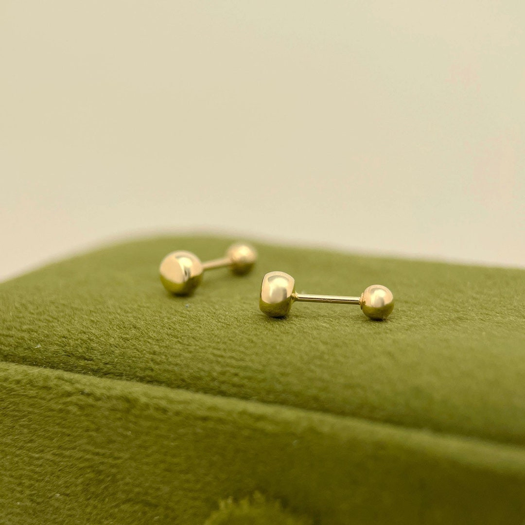14K Solid Gold Small Flat Ball Stud Earrings, 4mm 5mm Minimalist Dainty Screw Backs Ball Stud ...