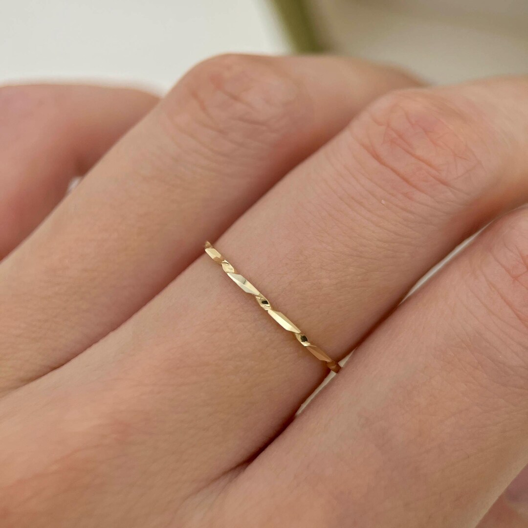 14K Yellow Real Solid Gold Diamond-cut Stacking Ring, Thin Band Stackable Ring, Simple Plain ...